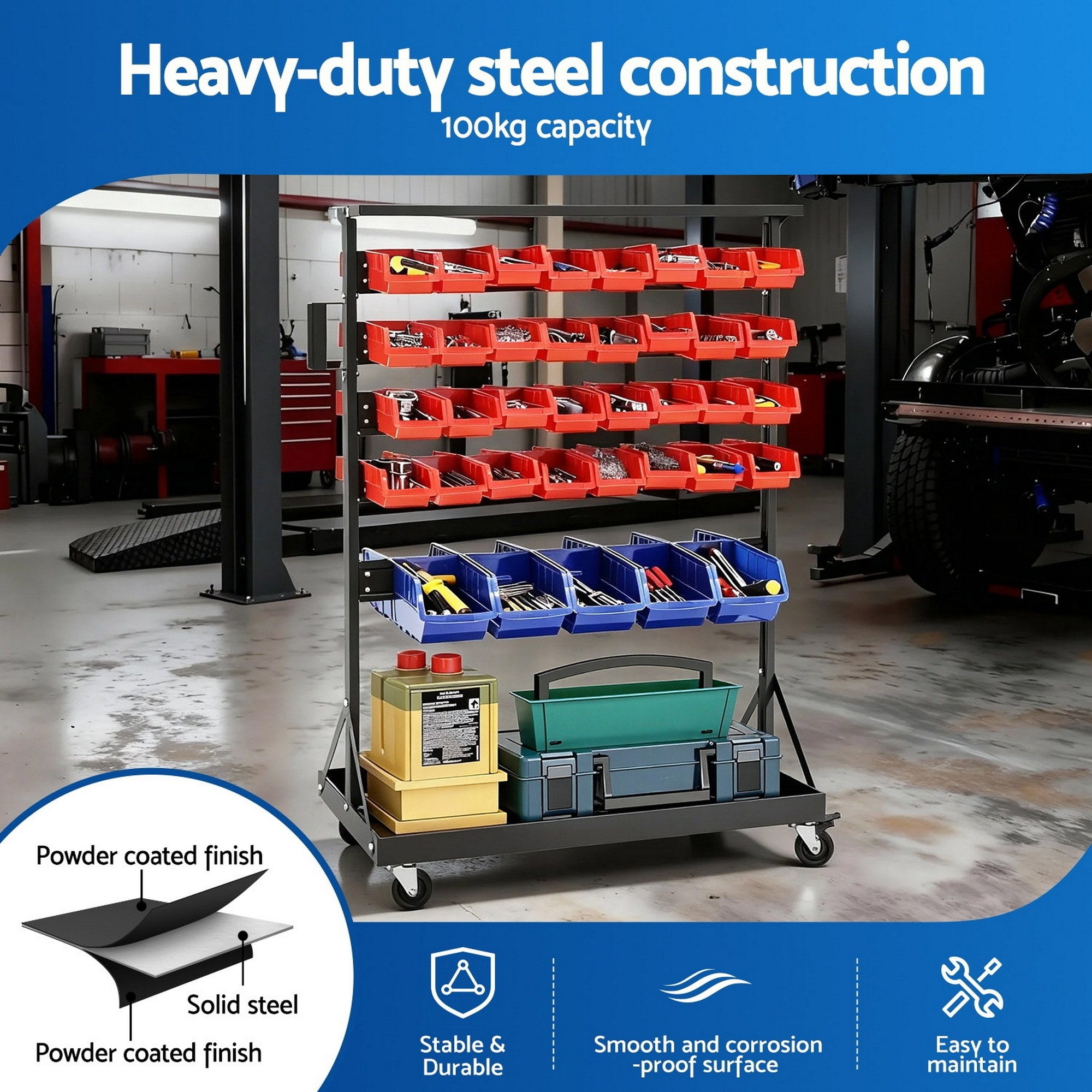 Storage Bins Rack | 74 Bins | Double Sided | Mobile Workshop Organiser ...