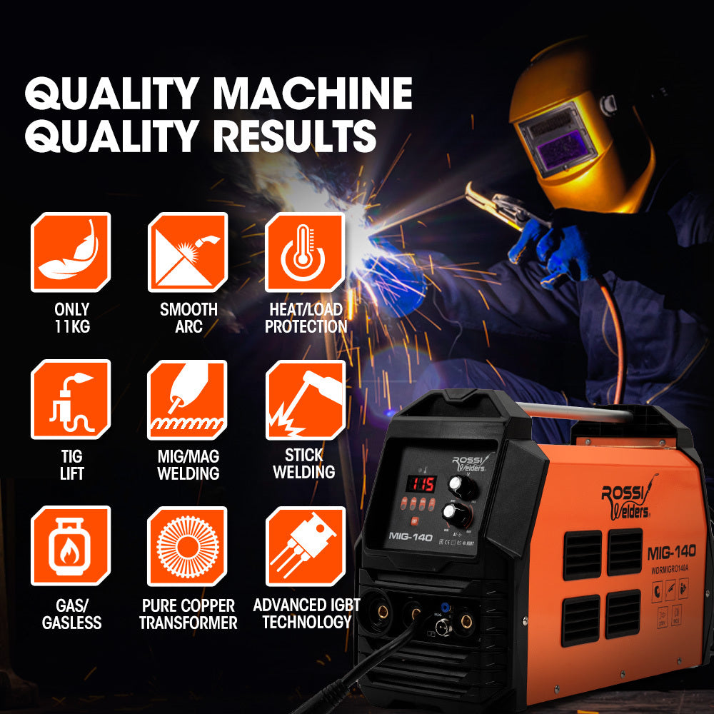 Rossi 140A Multi-Purpose Welder | MIG/MAG/MMA/ARC/TIG | Flux/Solid Wir ...