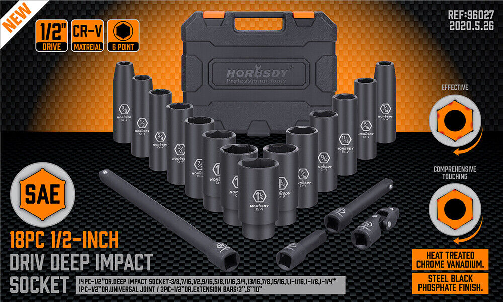 Deep Impact Socket Set | 18-Piece | Imperial SAE | 1/2" Drive Flexible ...